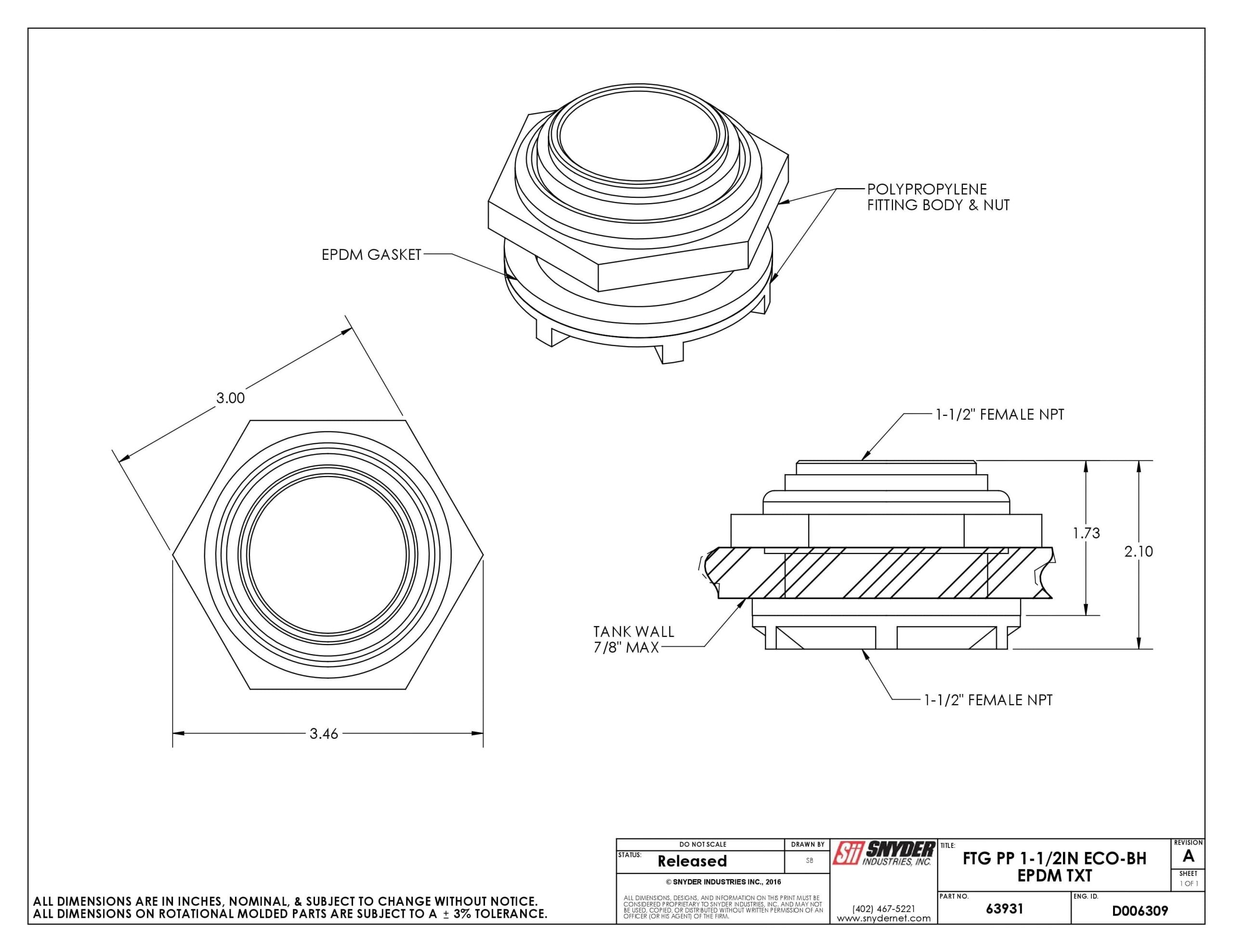 1-1/2" Double-threaded polypropylene (bulkhead) - National Storage Tank